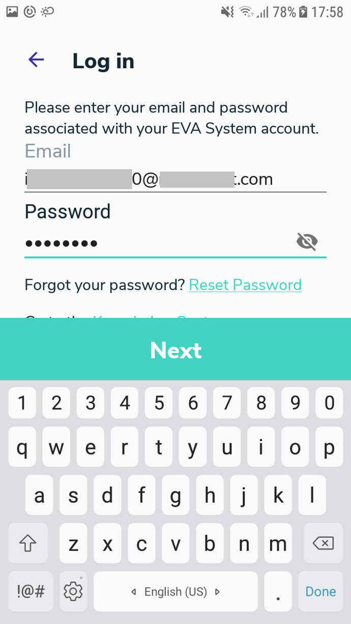 EVA App - Login to the EVA App with an existing user